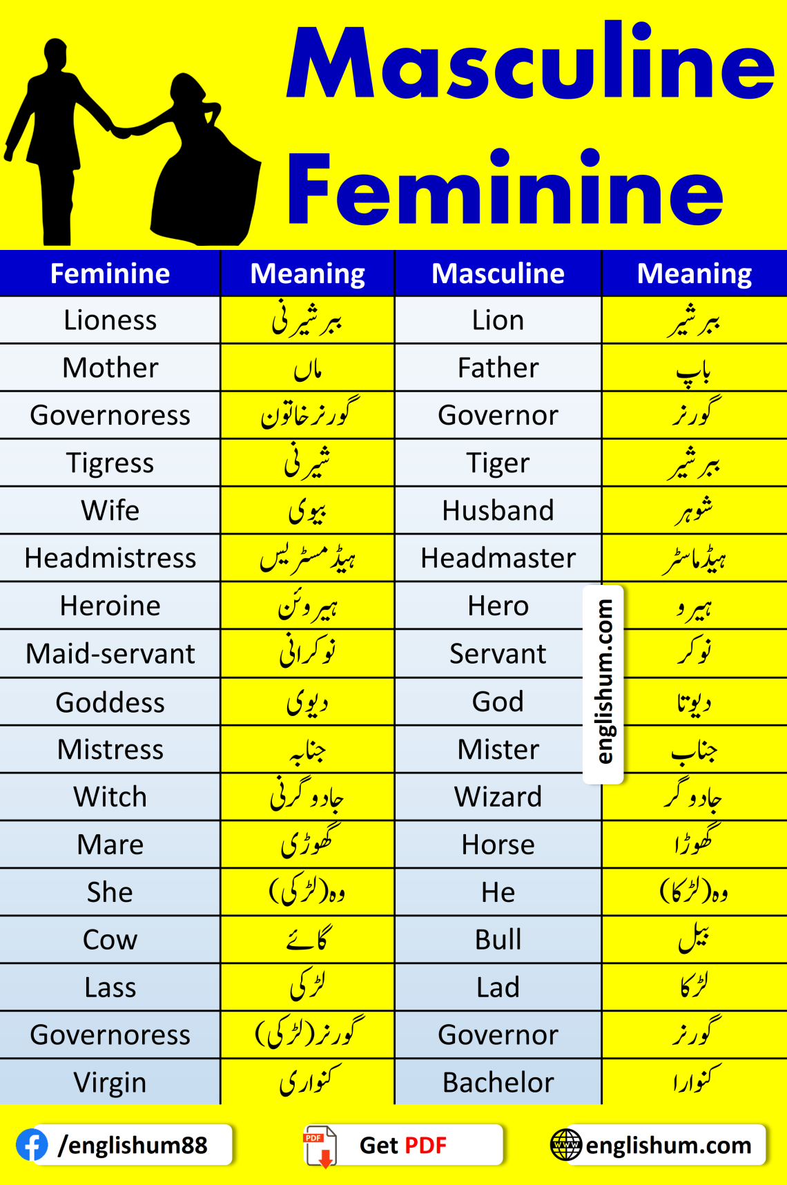 Masculine and Feminine Words with Urdu Meanings List - Englishum